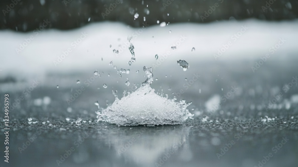 Water droplets splashing on a dark surface during a rainy day in an ...