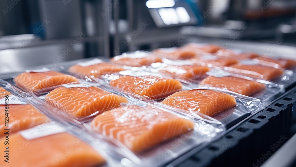 Salmon Fillet Production Line: Fresh, Packaged Salmon Moving Along a ...