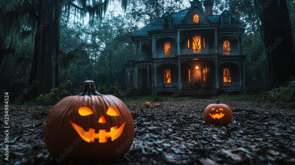 Casa, mansion o castillo del terror en un bosque con cementerio, con ...