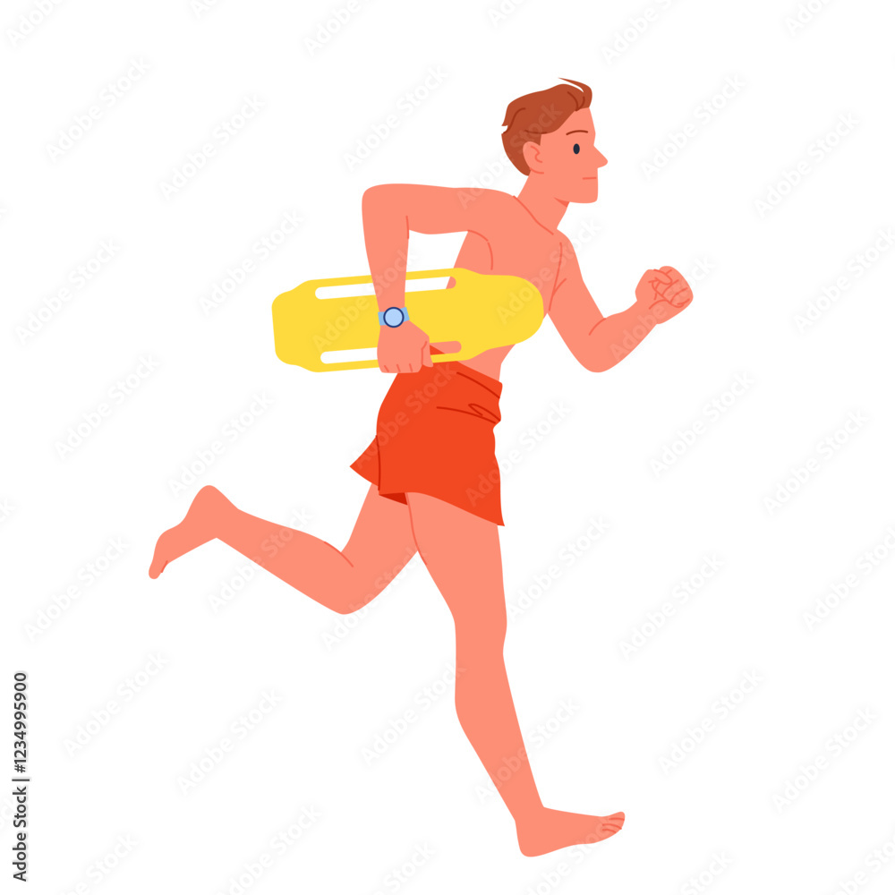 Male lifeguard running to save drowning man in water. Man in red shorts ...