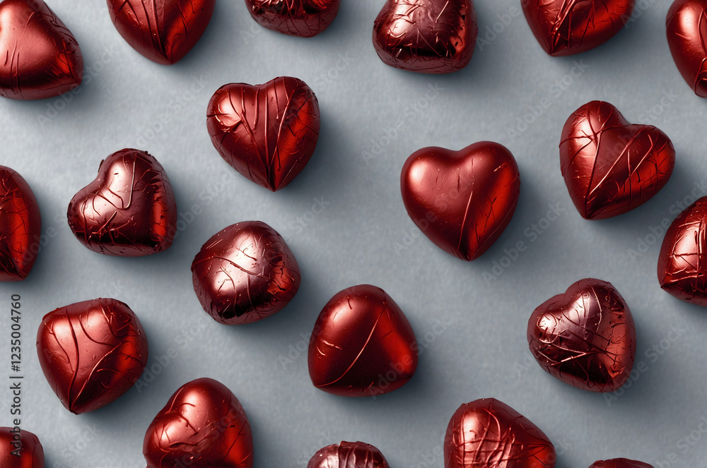 red heart shaped chocolate candies wrapped in foil isolated on ...