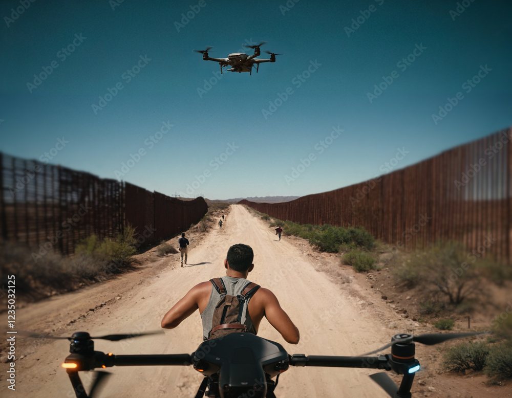 fictional: Man with backpack and muscle shirt running away from a drone ...
