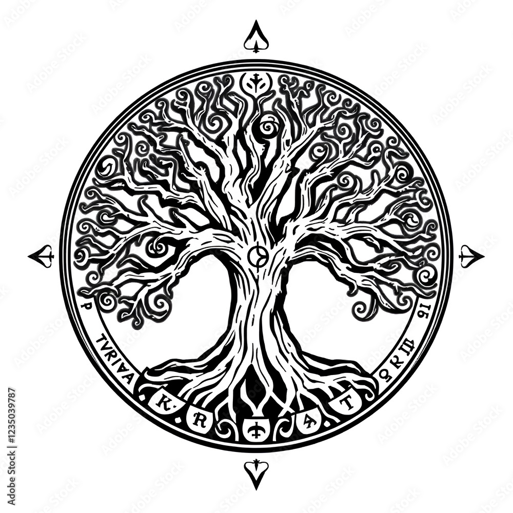Yggdrasil, the tree of life. Vikings symbol Odin,with futhark runes ...