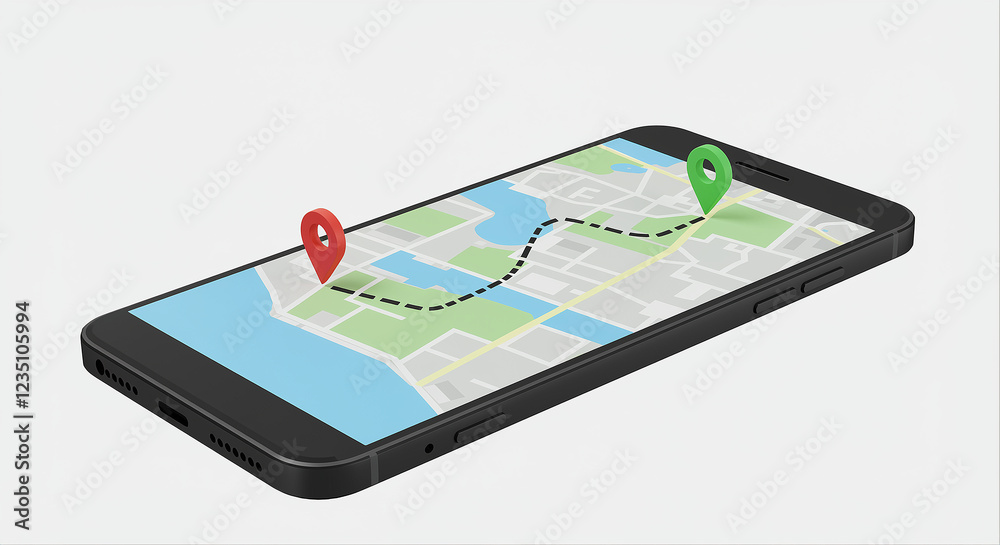 Smartphone displays map with navigation route and red and green pins ...