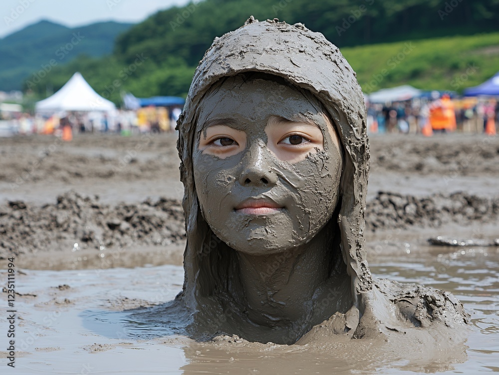 Mud Festival Activity Shows a Young Woman Partially Submerged in Mud at a Lively Outdoor Event ...