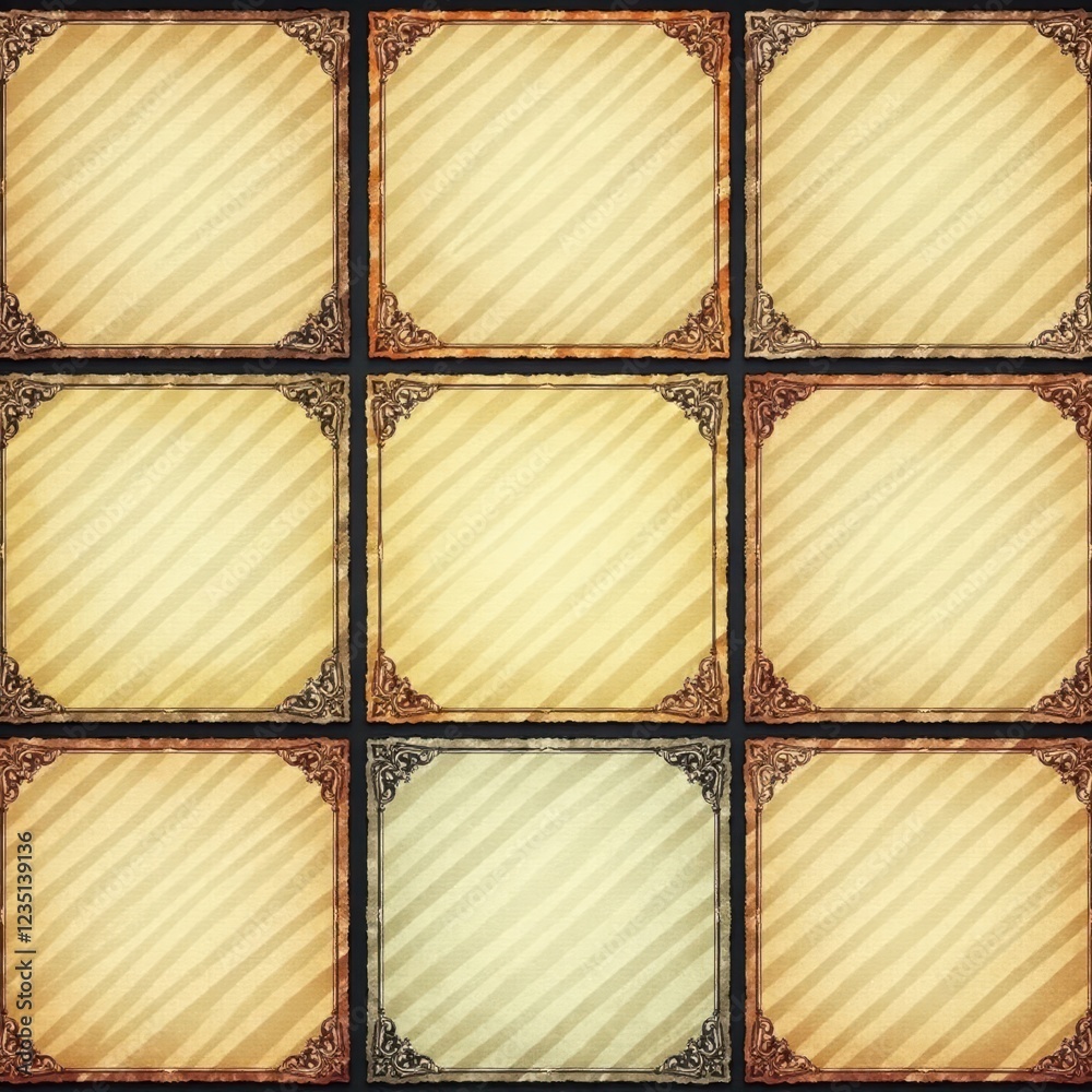 Nine blank vintage postcards, aged paper texture, ornate borders ...