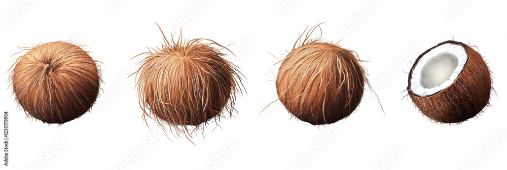 Four stages of whole coconuts opening progression with exposed inner ...