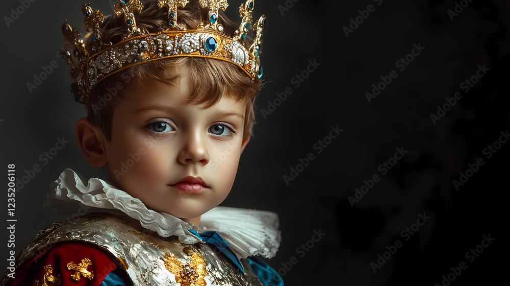 Young boy king in regal attire posing majestically. Renaissance ...
