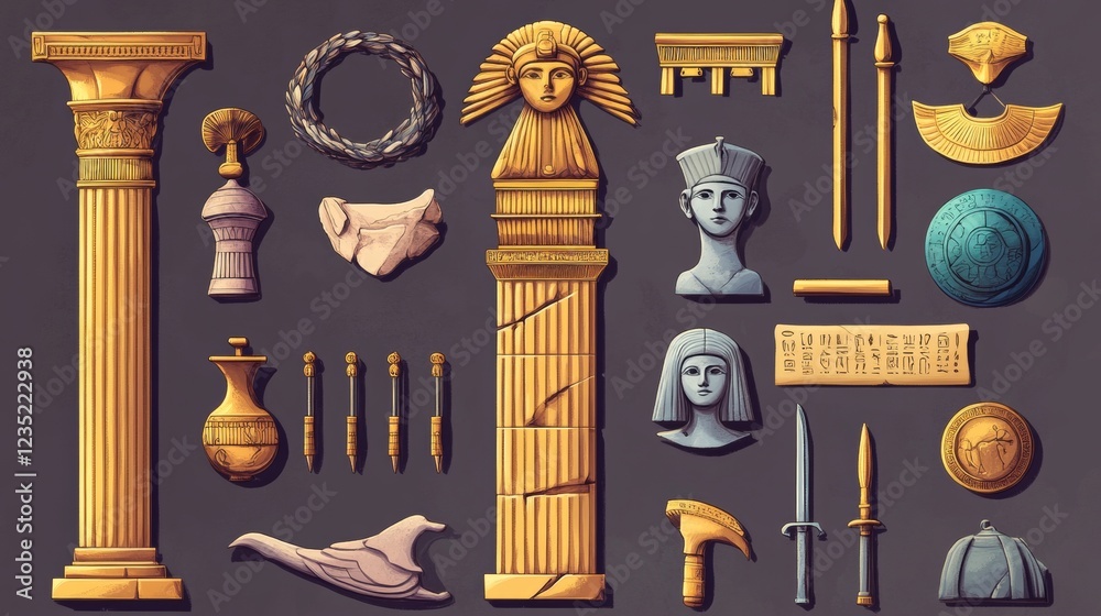 3D museum icon set, education historical art sign kit, vector ancient ...
