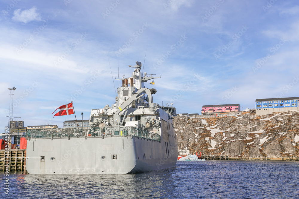 Danish nautical military force guard military ship with Danish flag on ...