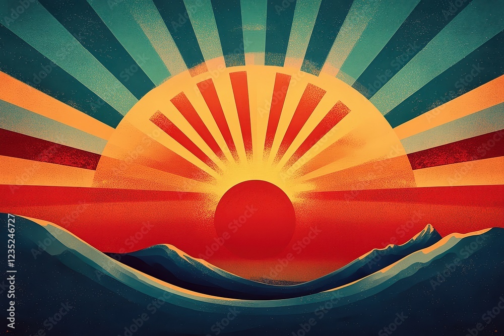 Classic 70s-style retro sun with thick, curved rays in a warm color ...