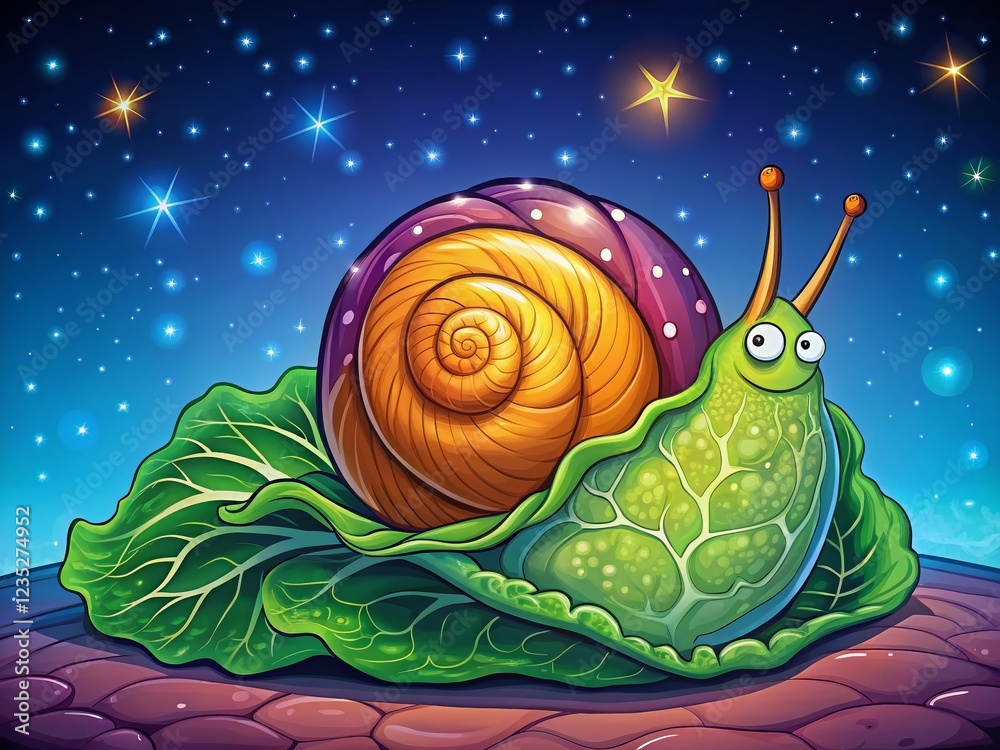Cute Snail on Cabbage, Nighttime Coloring Page Illustration Stock ...