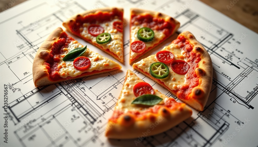 Ilustración de Stock Pizza slices lie on top of architectural ...