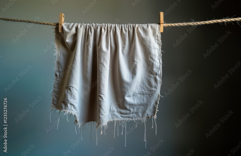 Tattered piece of unbleached grey fabric hangs from clothesline. Torn ...