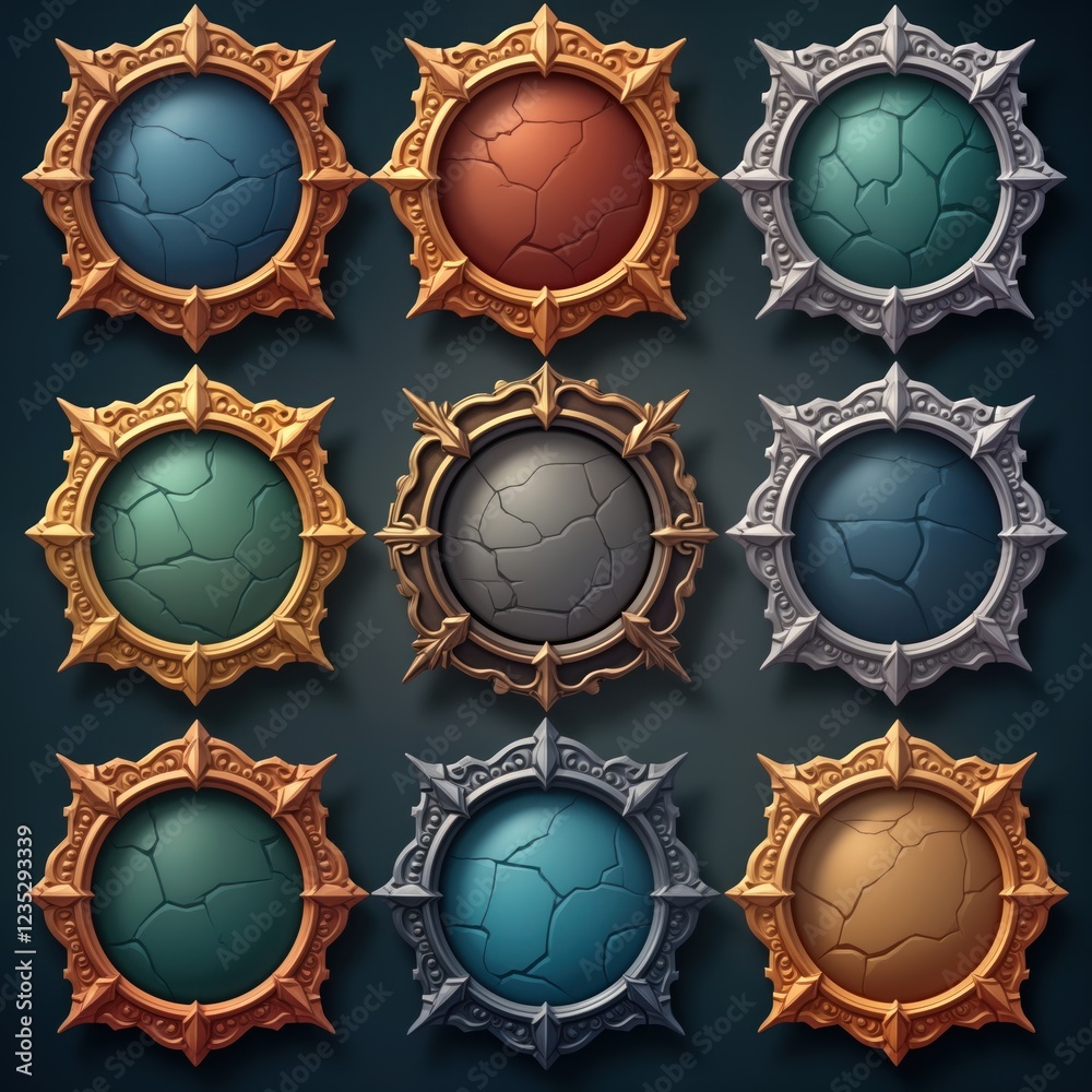 Fantasy game UI elements. Decorative round frames with different colors, textures. Medieval ...
