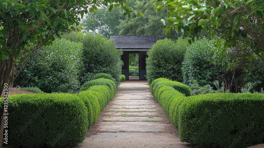 Symmetrical shrubs and boxwood hedges framing the entrance pathway ...