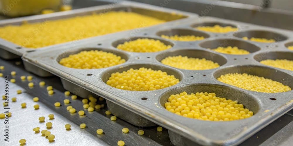 Detail of yellow resin pellets in a mold as they cool and solidify ...