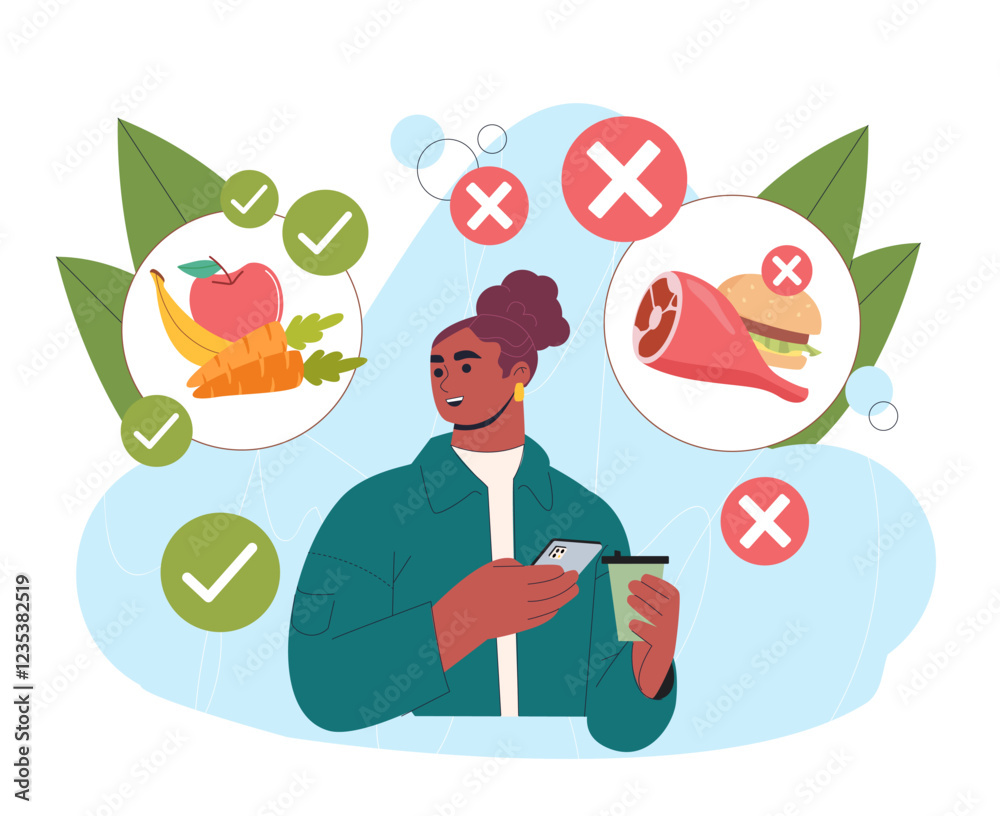 Vegan woman concept. Young girl refuse from meat products. Proper diet ...