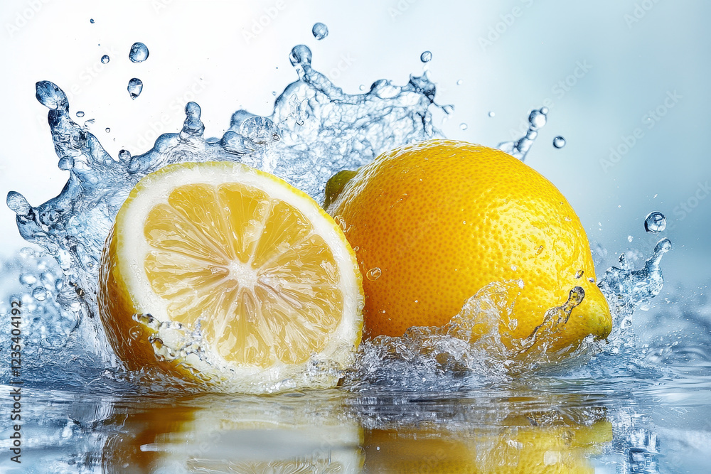 Foto de Stock Fresh lemons splash in water creating a refreshing scene ...