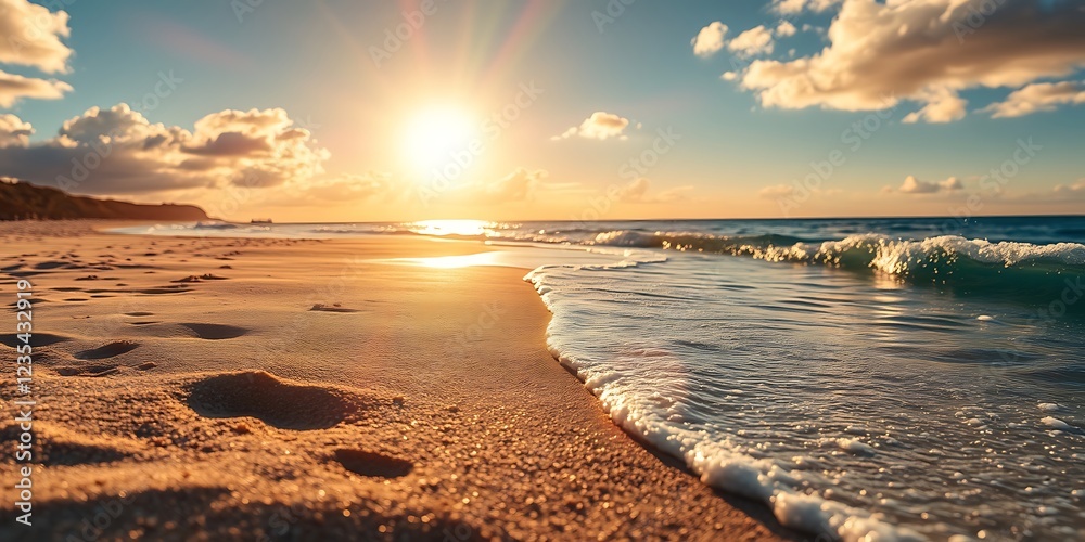 Beach scene rendered in cast bronze with a bright lens flare ...
