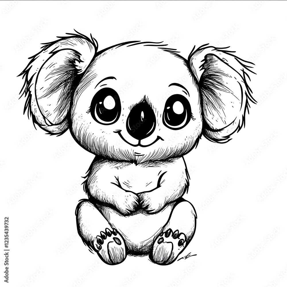 black ink line art on white background compact kawaii style character ...
