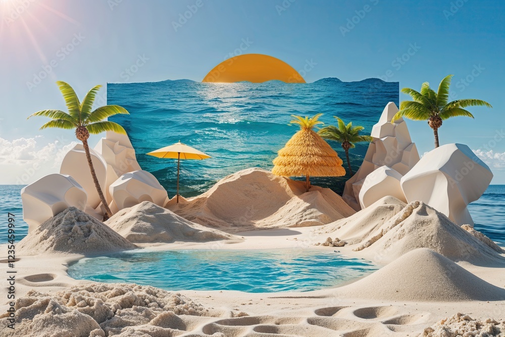 Summer Island Stage Setup with Coastal Sand Display 3D Backdrop and Sunny Waterscape Stock ...