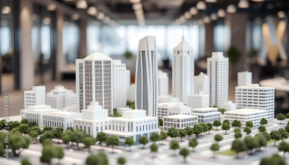 Architectural model, city skyline, miniature buildings, urban planning ...