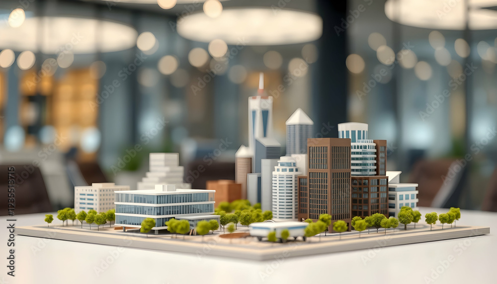 Architectural model, city skyline, miniature buildings, urban planning ...