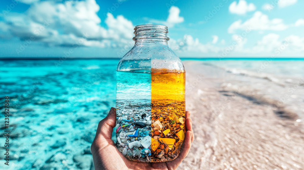 Plastic Bottle and Ocean Pollution: A close-up image of a hand holding ...