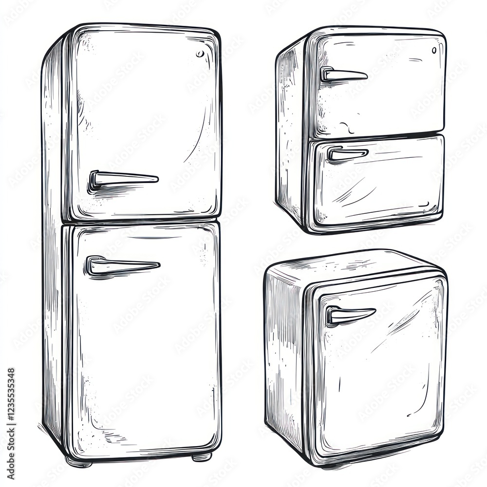 Vintage Refrigerator Sketches Depicting Different Sizes and Styles ...