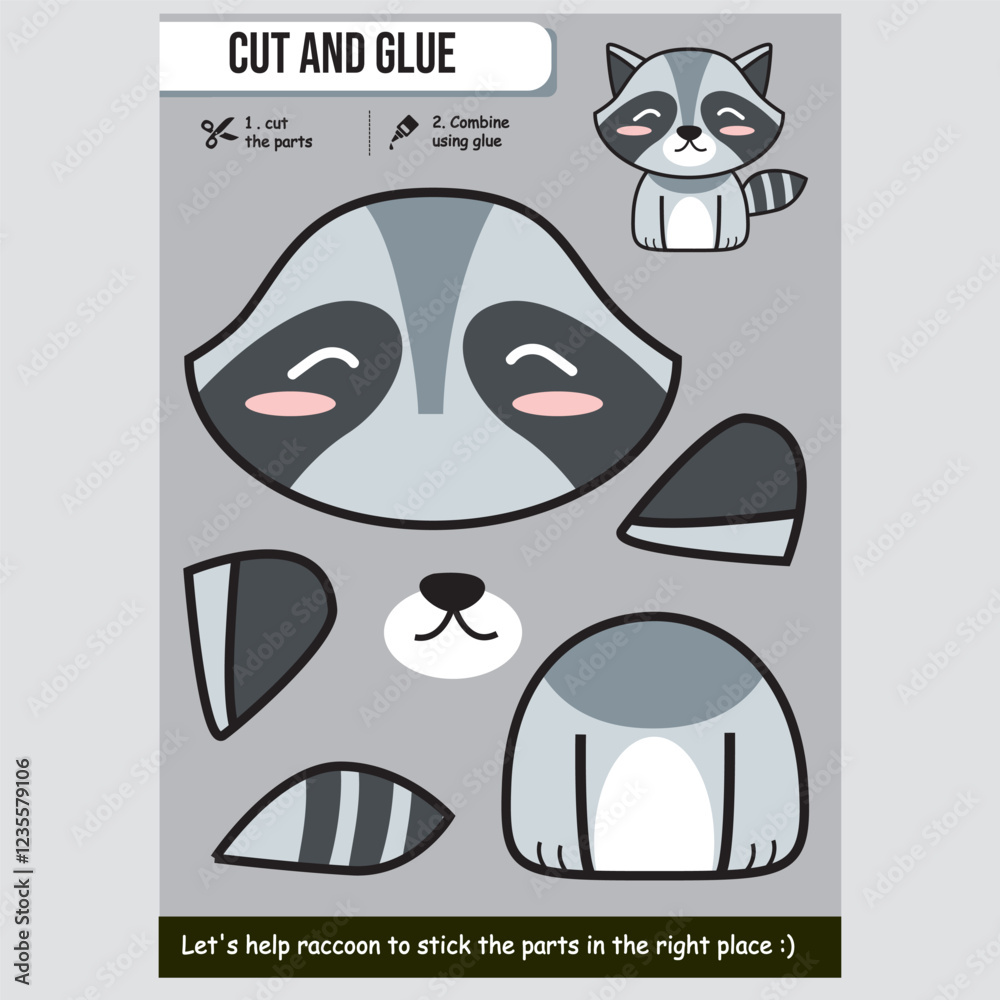 Fun raccoon cut and glue worksheet for children. Educational kids ...