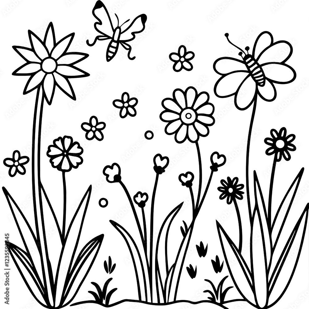 Nature-Inspired Line Art: Wildflowers and Butterflies, Ideal for ...