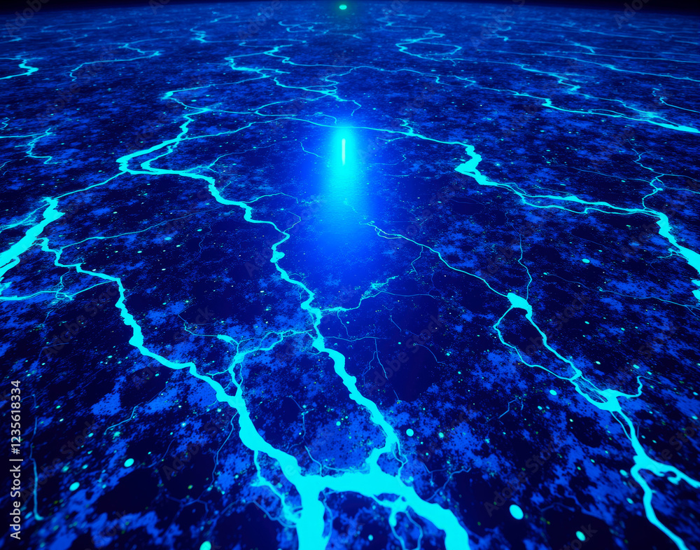 Seamless luminescent quartzite marble with UV-reactive veins glowing under blacklight, perfect ...