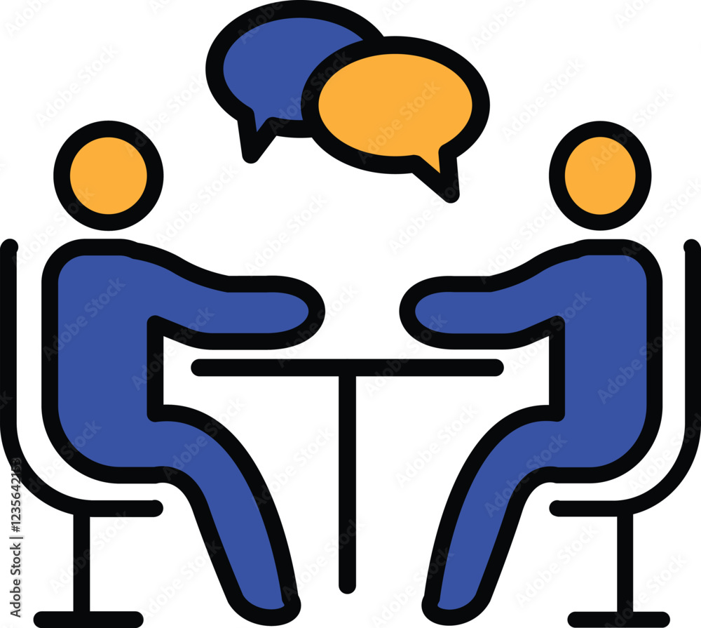 Team collaboration and meeting icon showing two people sitting at a ...