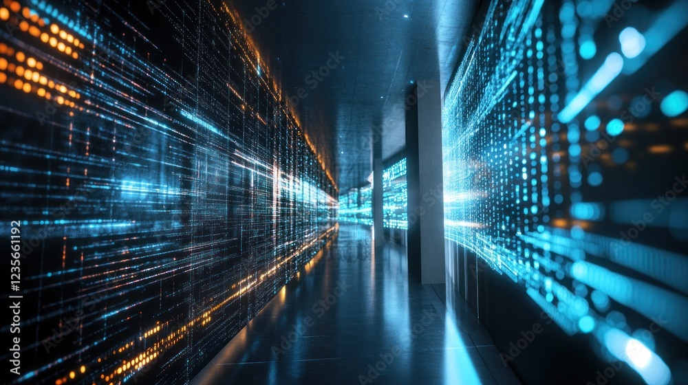 Data center corridor, glowing code streams, server racks, digital infrastructure, tech ...