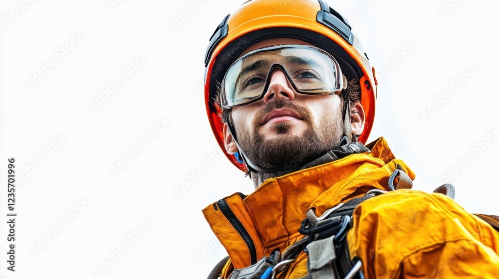 Rooftop laborer demonstrating safety and efficiency while wearing ...