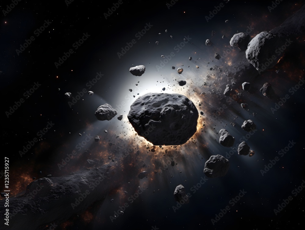 Dramatic asteroid explosion in deep space with cosmic debris and planetary forces Stock ...