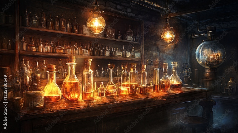 Alchemist's dimly lit cellar, potions brewing, fantasy setting, game ...