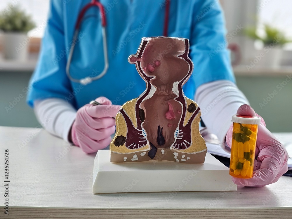 Doctor explains anatomy of human rectum and holds pills. Treatment of ...