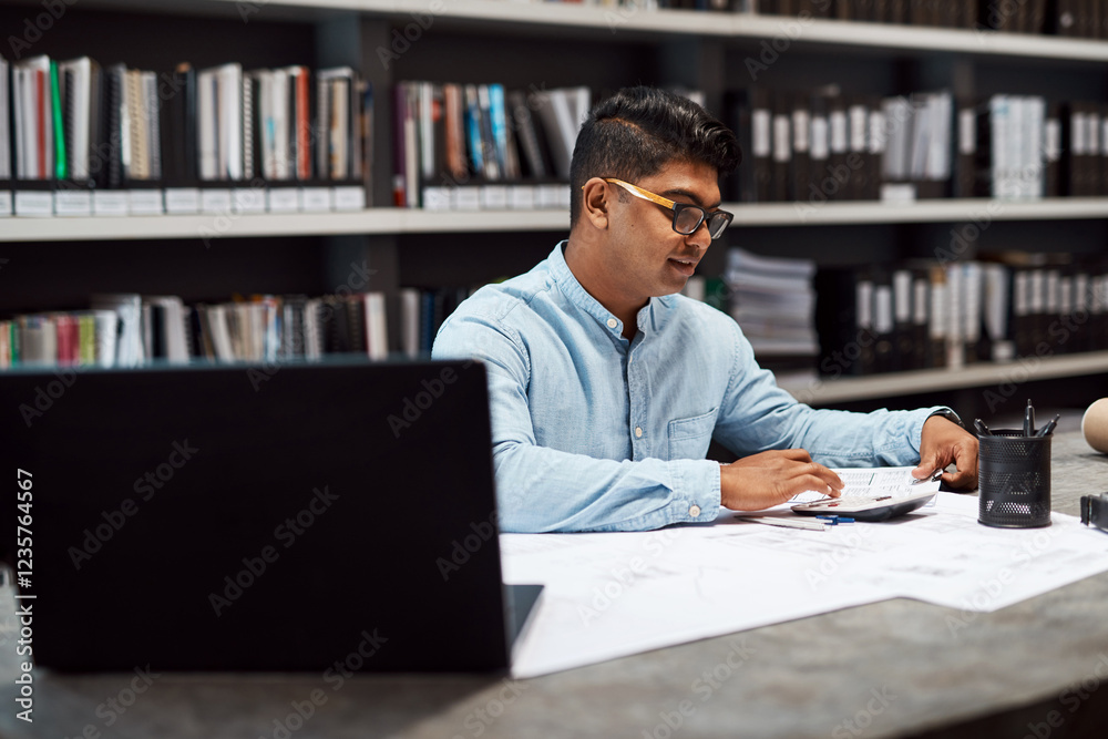 Paperwork, business man and architect with calculator for planning ...