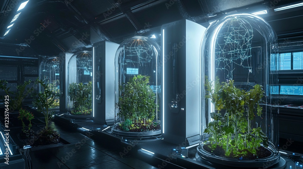 Futuristic hydroponic farm; plants grow in climate-controlled domes ...