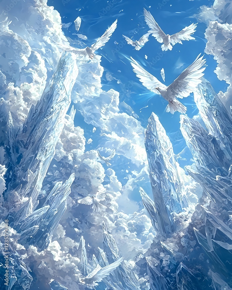 Ethereal white crystals fly gracefully with dynamic and detailed ...