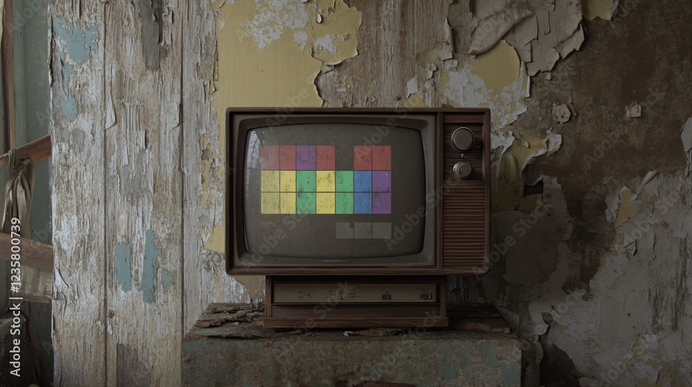 A 1970s television with woodgrain texture, showing a test pattern ...