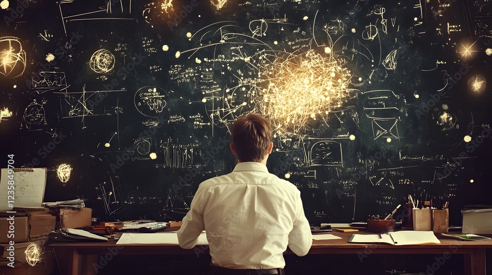 Chalkboard filled with scientific diagrams equations and formulas ...