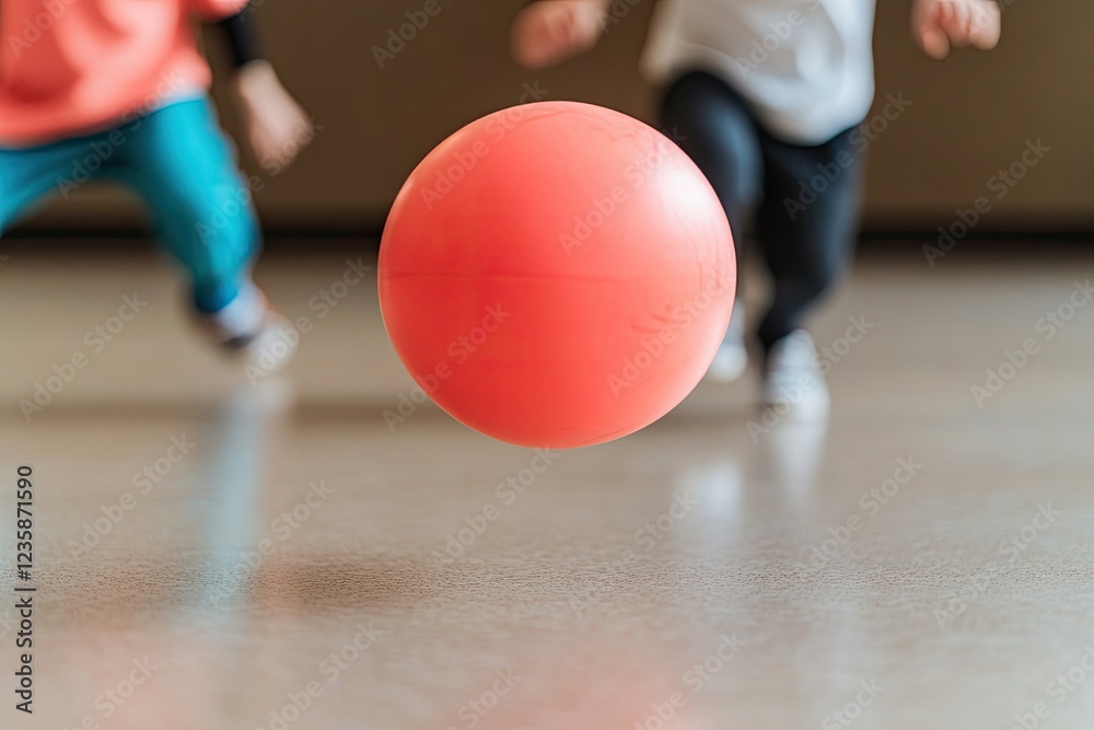 cheerful moment of kids playing dodgeball in school gym ball mid-air as ...