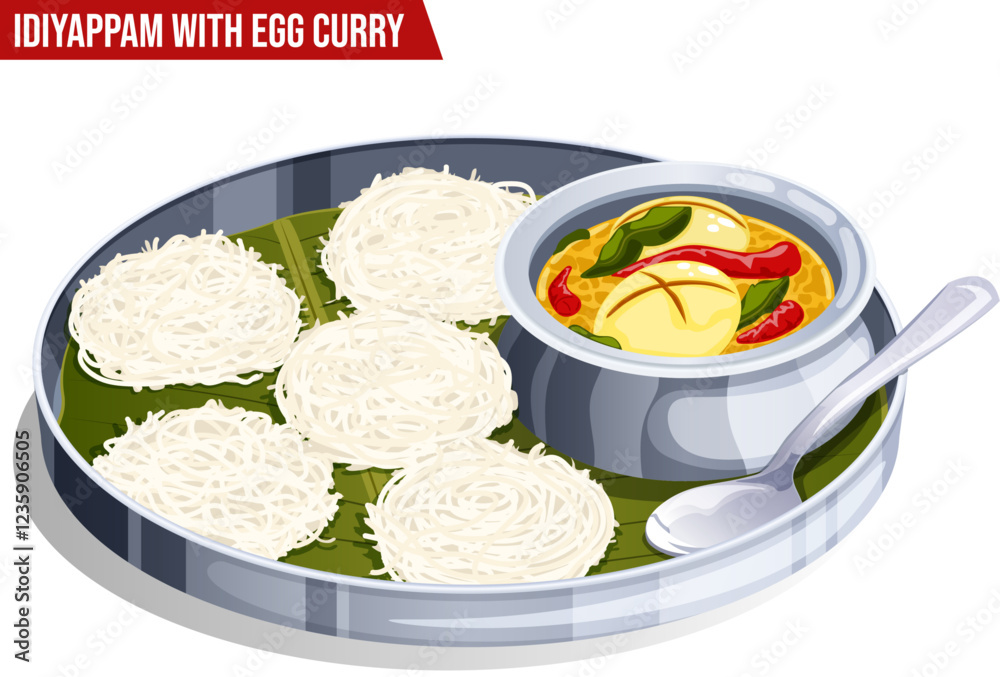 Idiyappam with Egg Curry Served on Banana Leaf in Metal Thali with ...