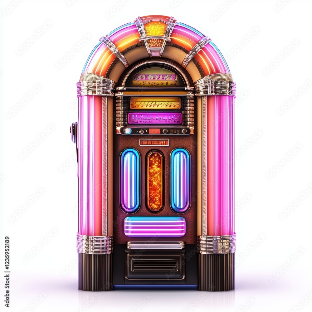 Classic 1950s jukebox with colorful neon lights, isolated on a clean ...