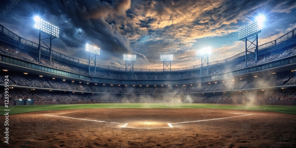 Baseball field at dusk with eerie atmosphere, smoke and dust particles ...