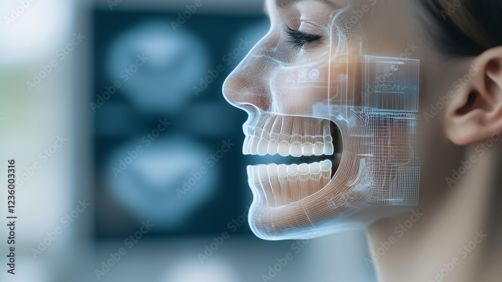 Digital Dental Overlay: A woman's profile is overlaid with a digital ...