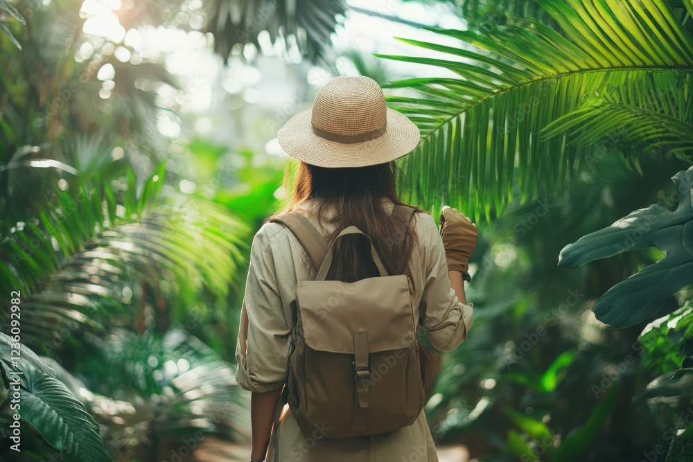 Woman botanist dressed in safari style in greenhouse, back view ...
